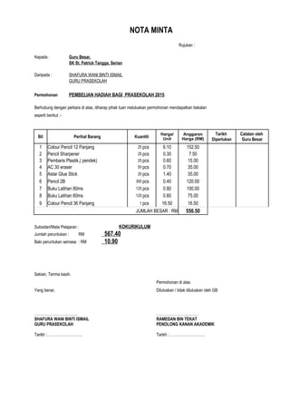 Nota minta Prasekolah | PDF