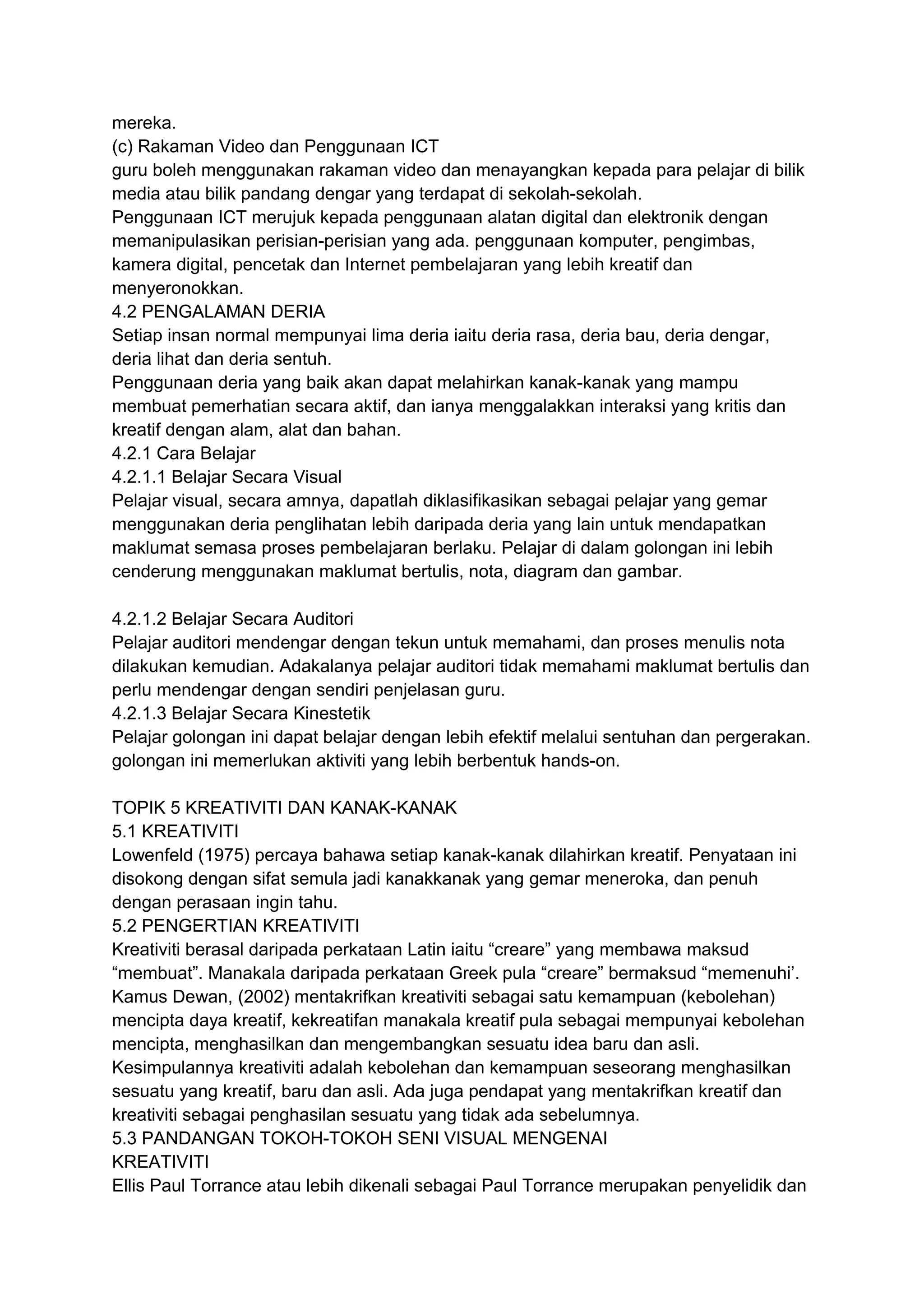 Nota psv (perkembangan seni kanak) | DOC