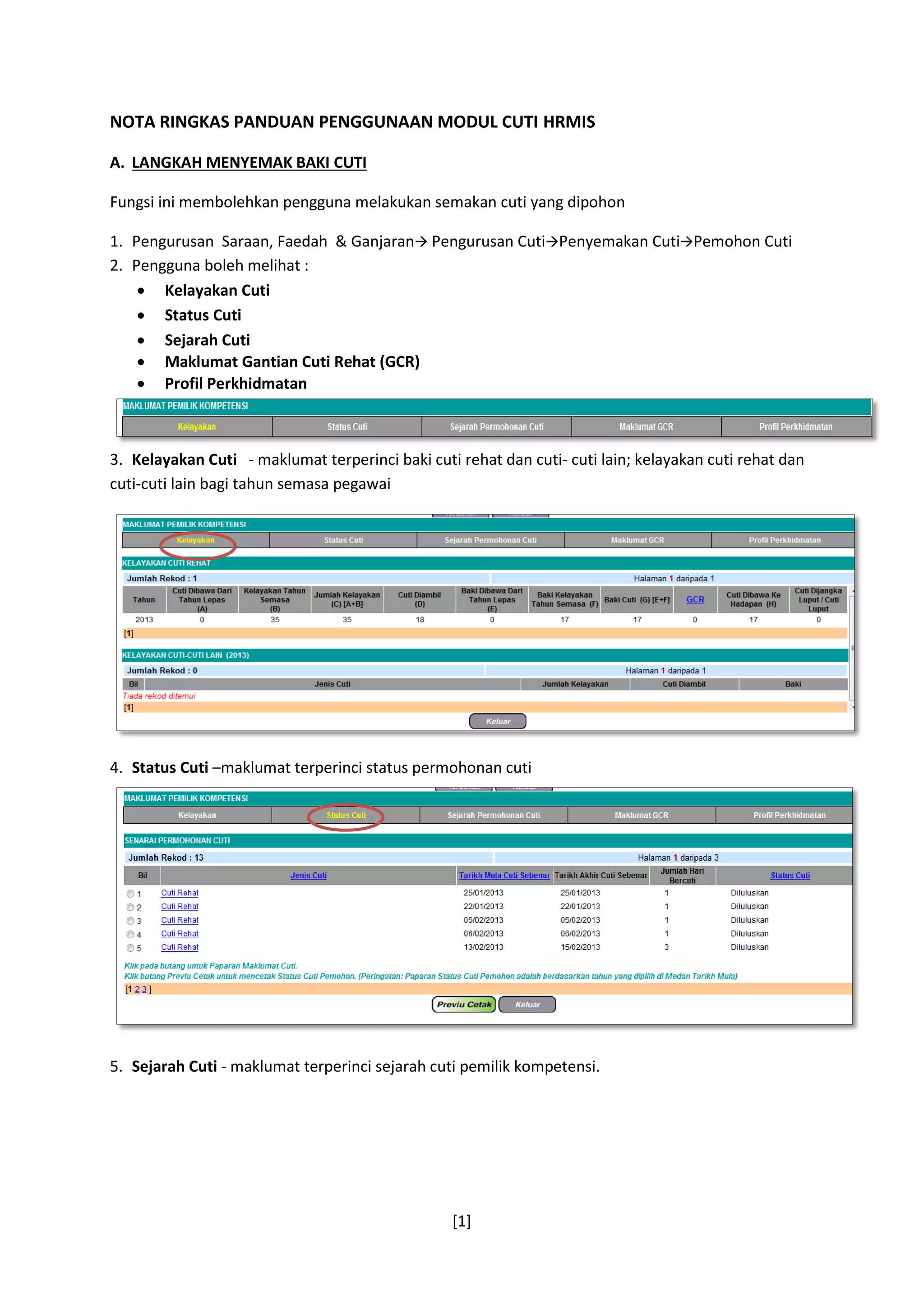 Ringkasan penggunaan cuti HRMIS | PDF