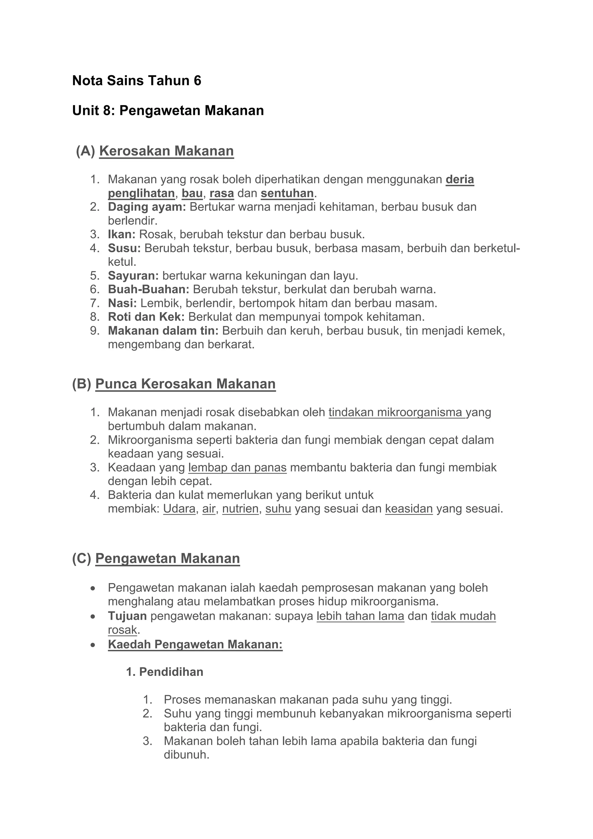 Nota sains tahun 6 pengawetan makanan | PDF