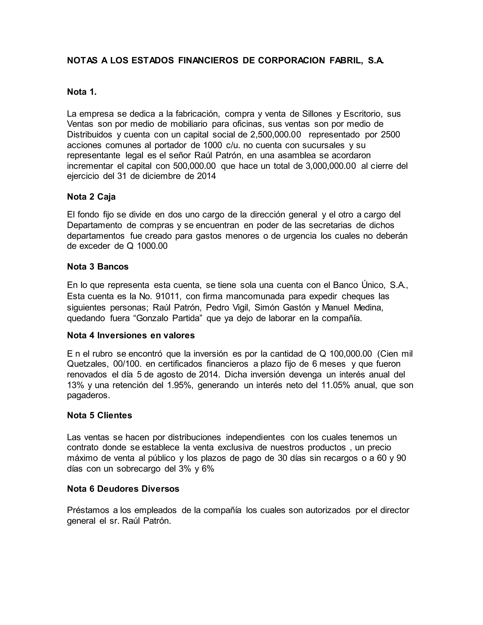 Notas a los estados financieros de corporacion fabril | DOCX