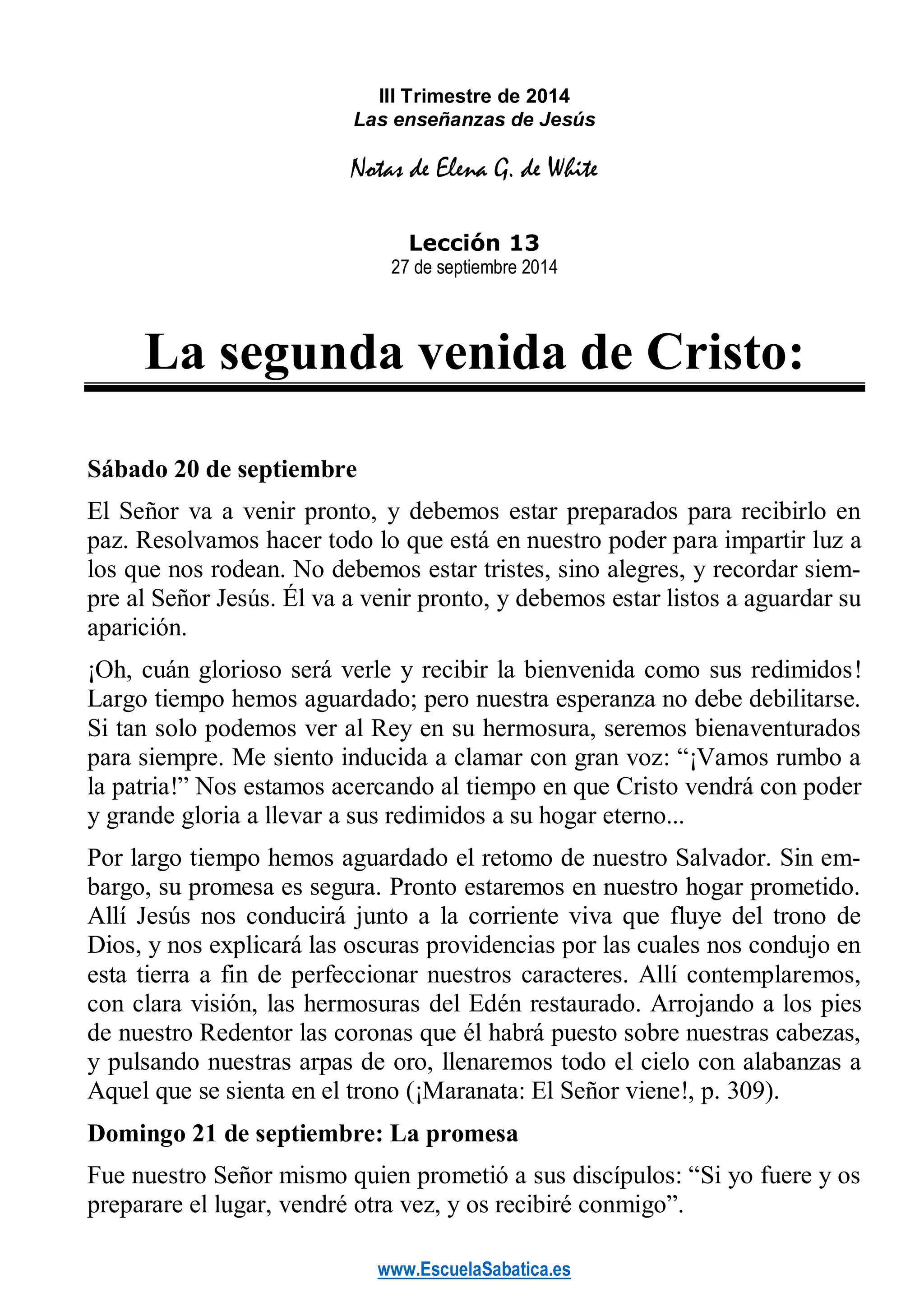 Notas de Elena | Lección 13 | La segunda venida de Cristo | Escuela ...