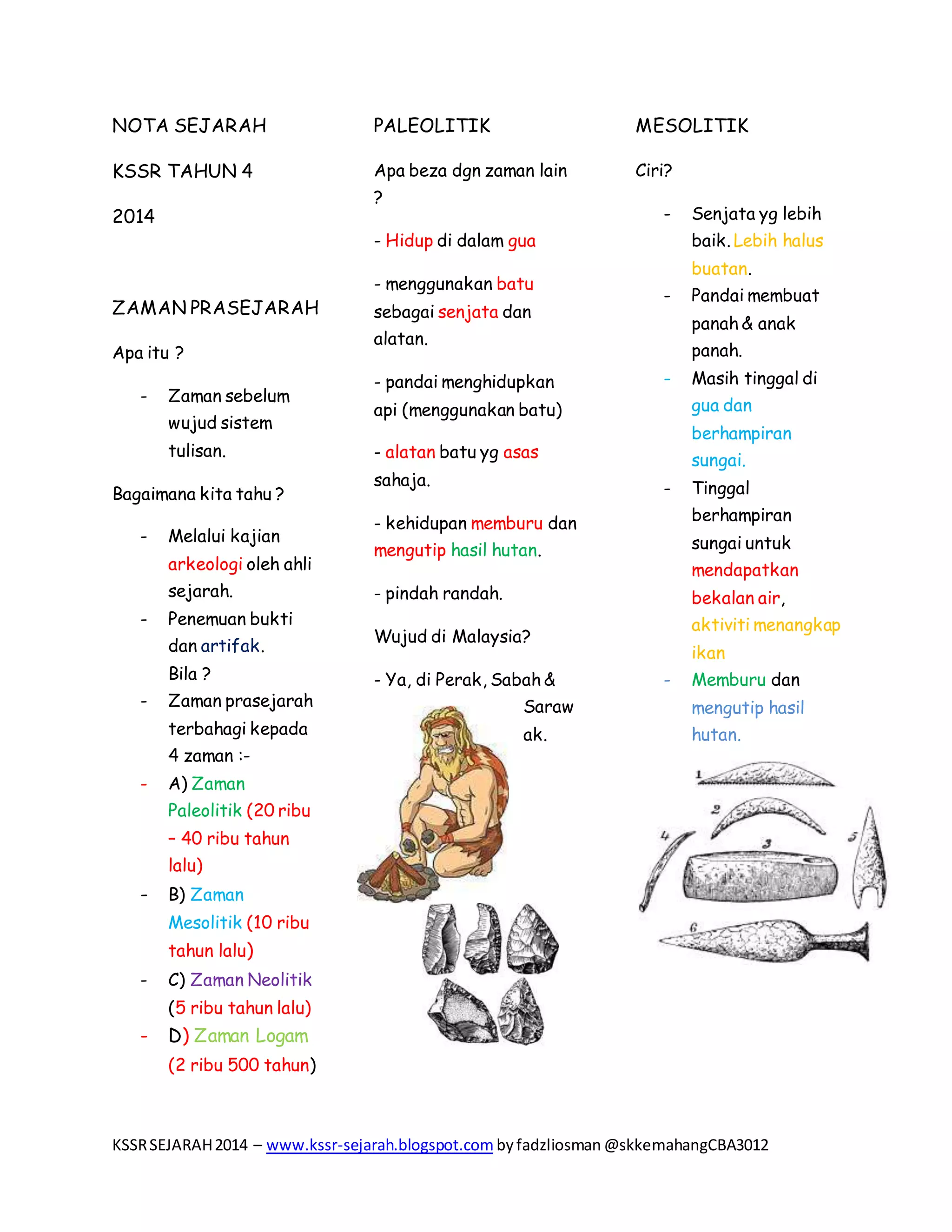 Nota sejarah kssr tahun 4 - prasejarah | DOCX