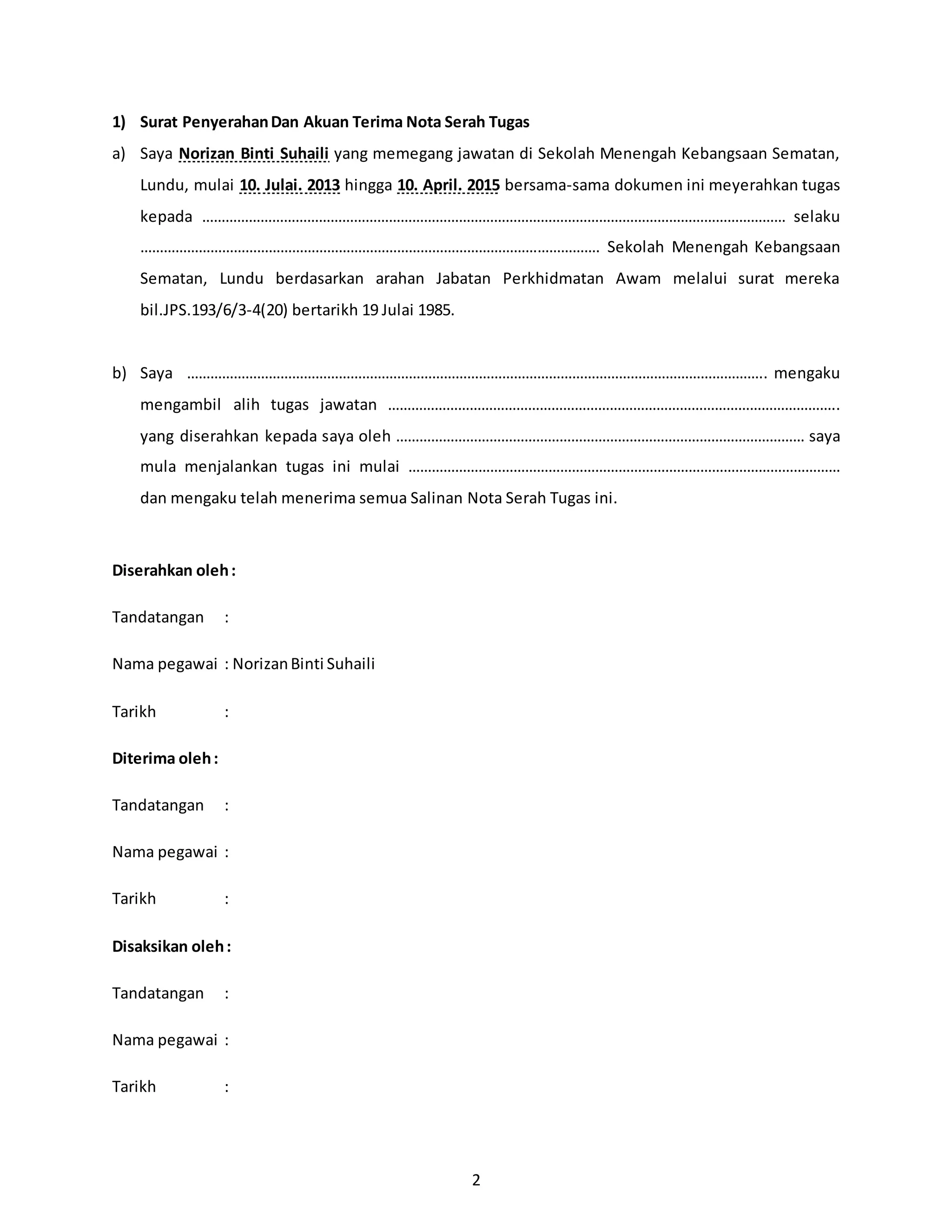 Nota serah tugas norizan | DOCX