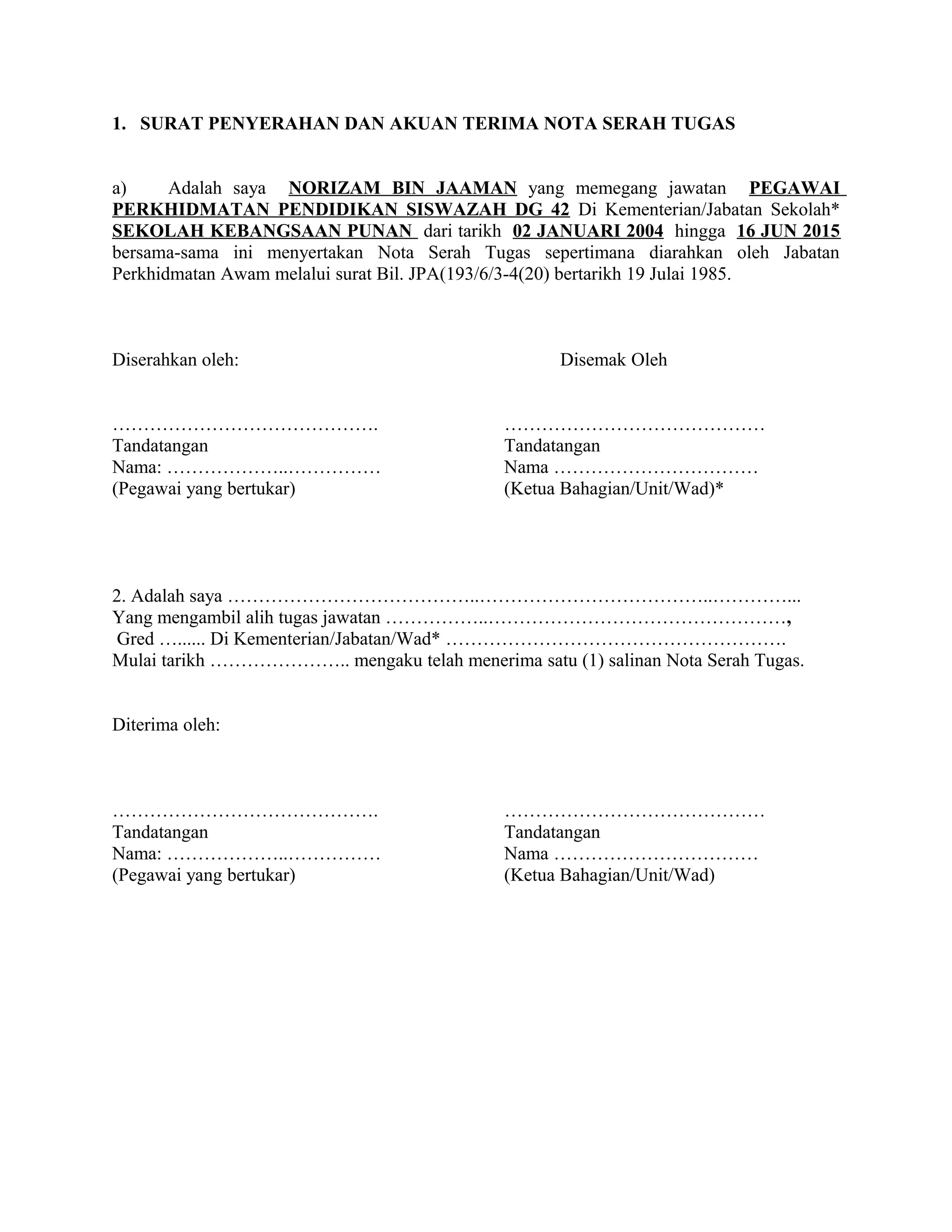Nota Serah Tugas Zam1 Pdf 