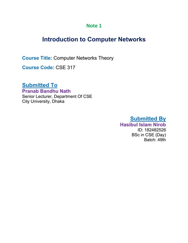 Note: Introduction to Computer Networks | PDF