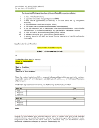 Note and format on circular resolution under the companies act 2013 | DOC