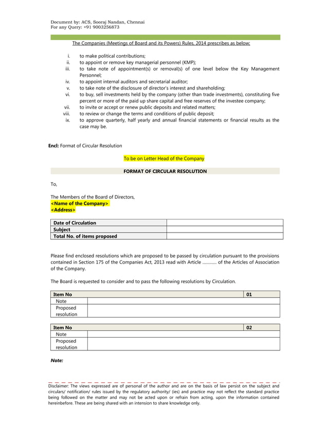 Note and format on circular resolution under the companies act 2013 ...