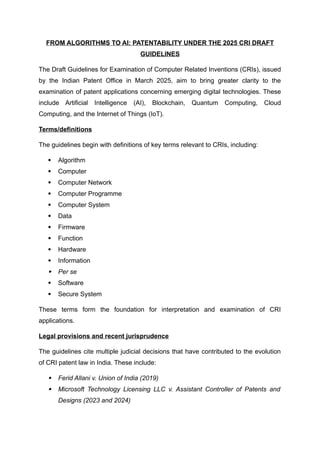PATENTABILITY UNDER THE 2025 CRI DRAFT GUIDELINES | PDF