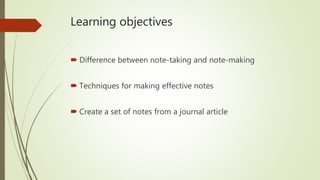 Note making for academic reading dw | PPT