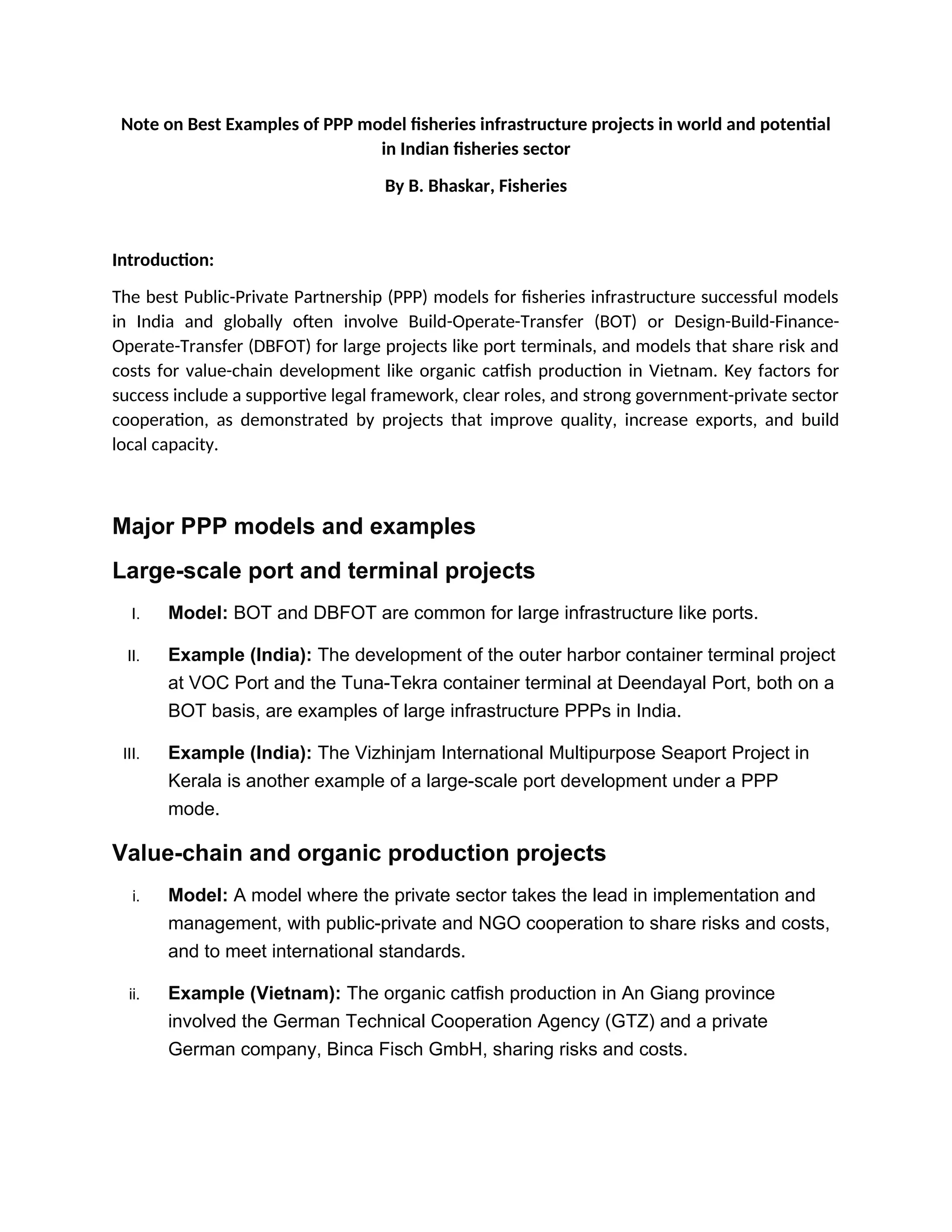 Note on Best Examples of PPP model fisheries infrastructure projects in ...