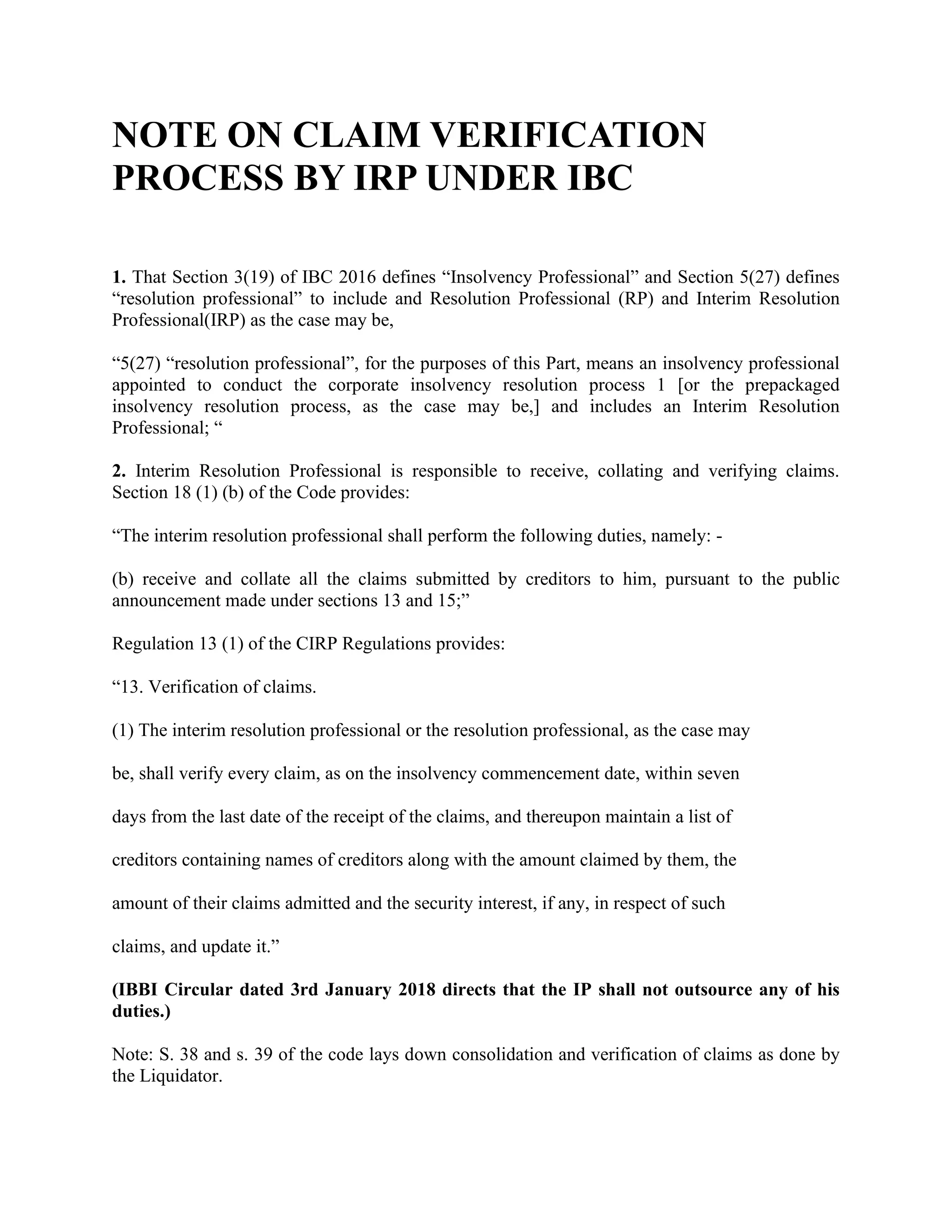 NOTE ON CLAIM VERIFICATION PROCESS BY IRP UNDER IBC | PDF