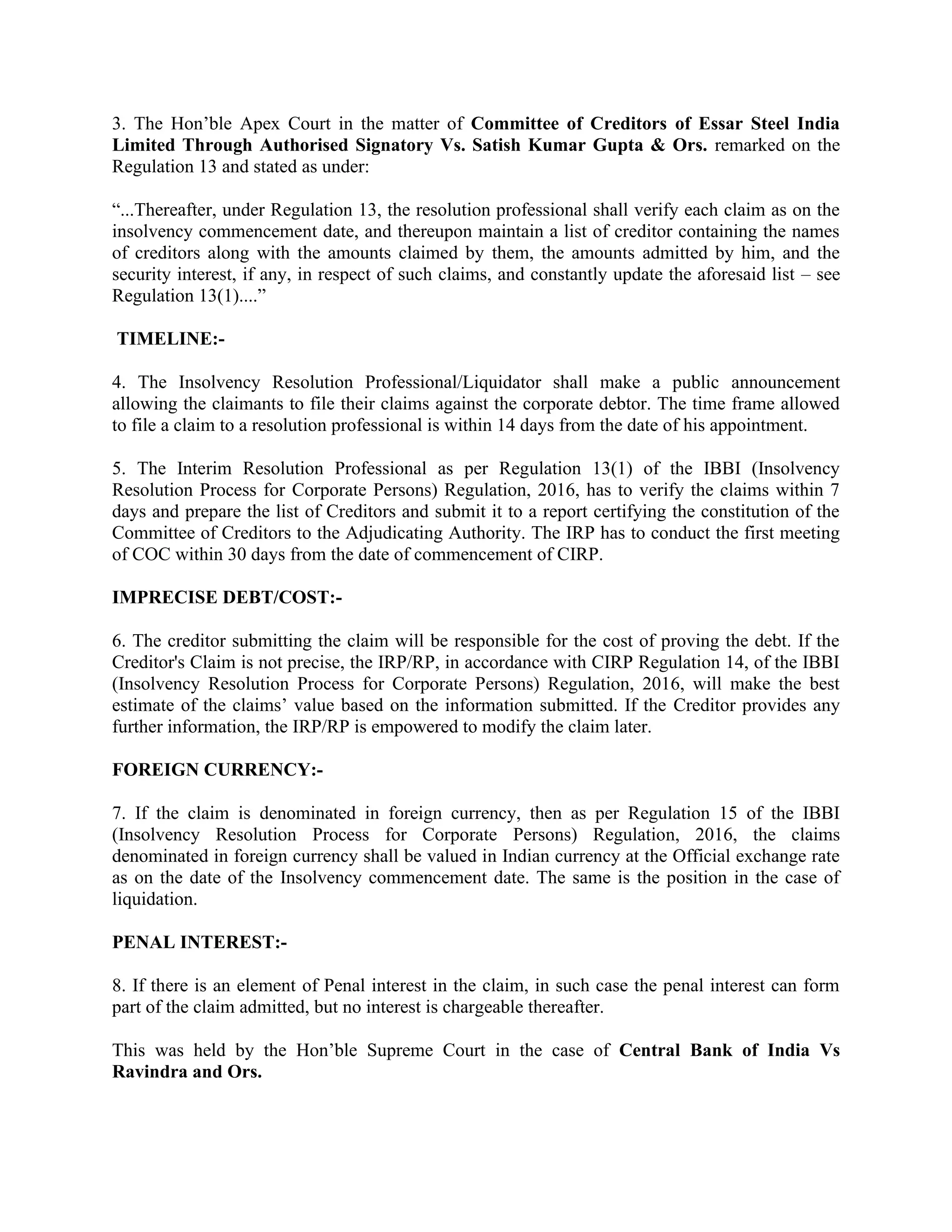 NOTE ON CLAIM VERIFICATION PROCESS BY IRP UNDER IBC | PDF