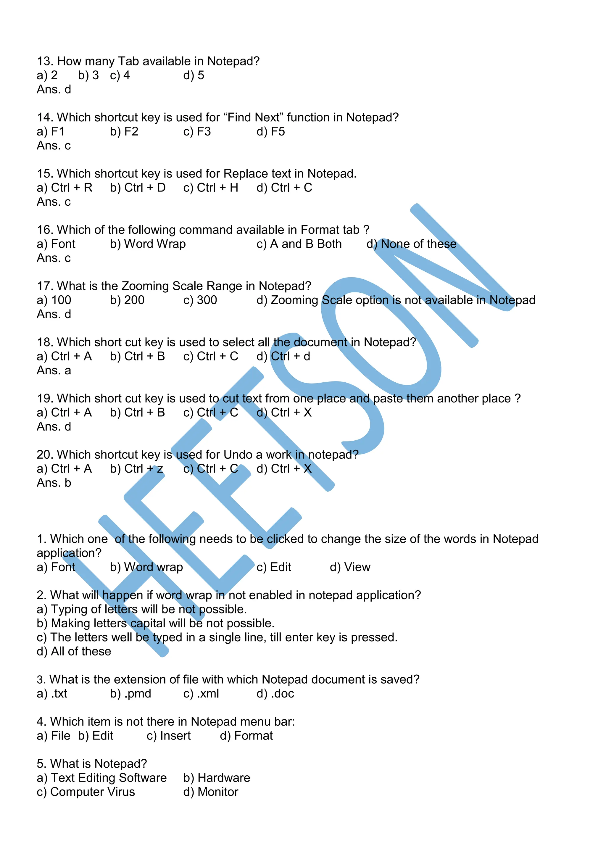 Notepad Mcq Objective Questions And Answers Pdf 5551