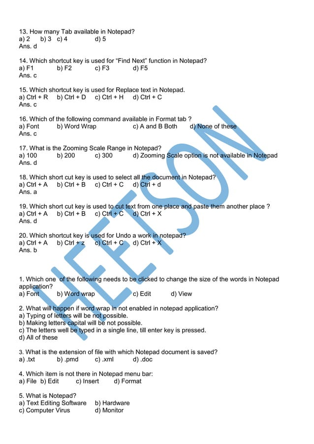 Notepad MCQ Objective Questions and Answers | PDF