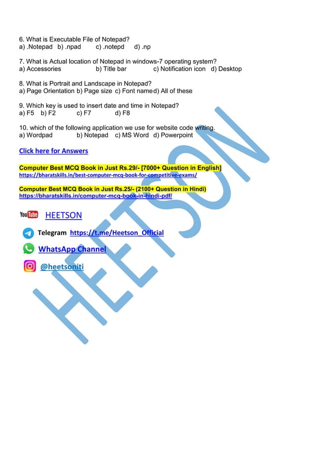 Notepad MCQ Objective Questions and Answers | PDF