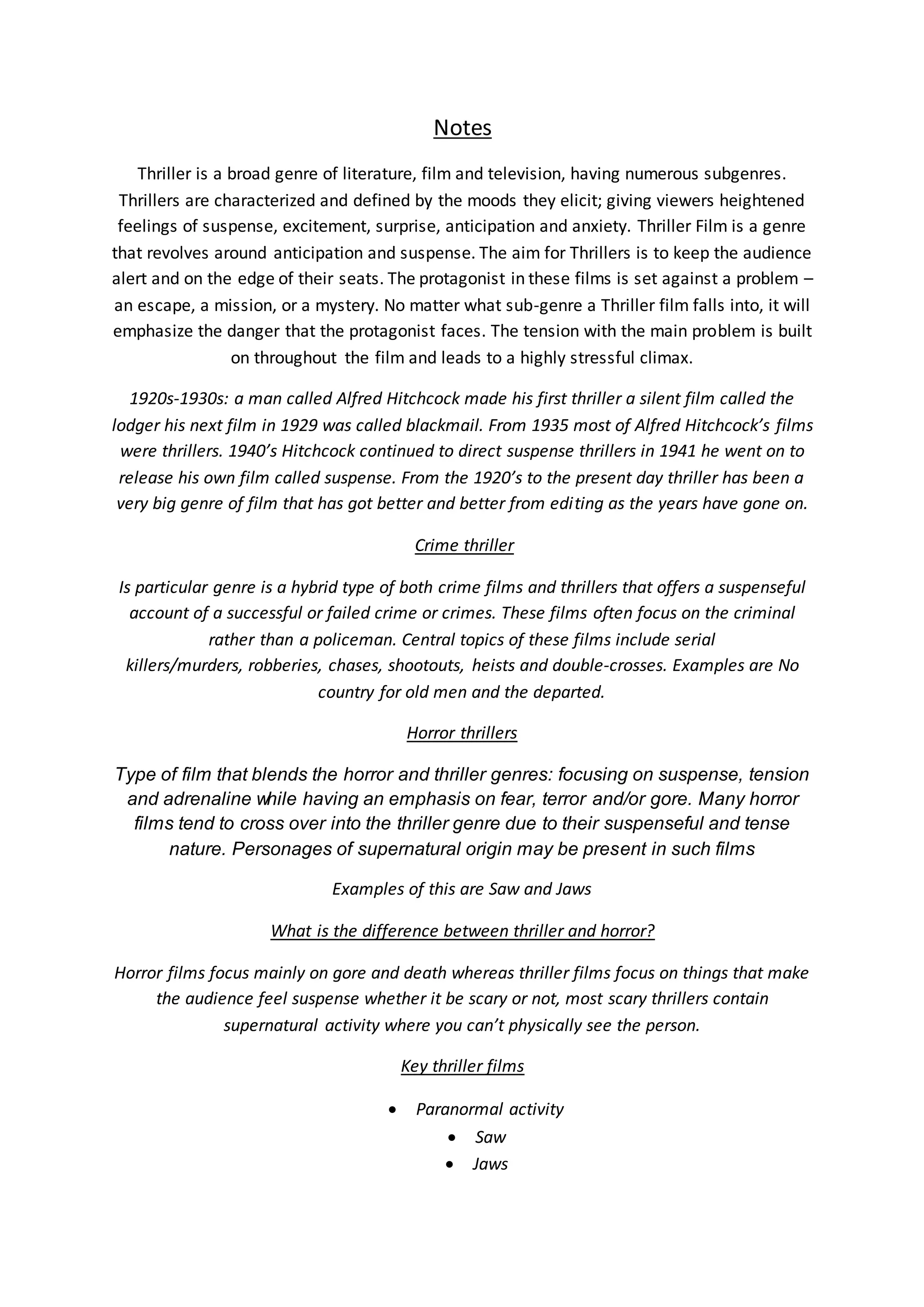 Notes on thriller films | DOCX