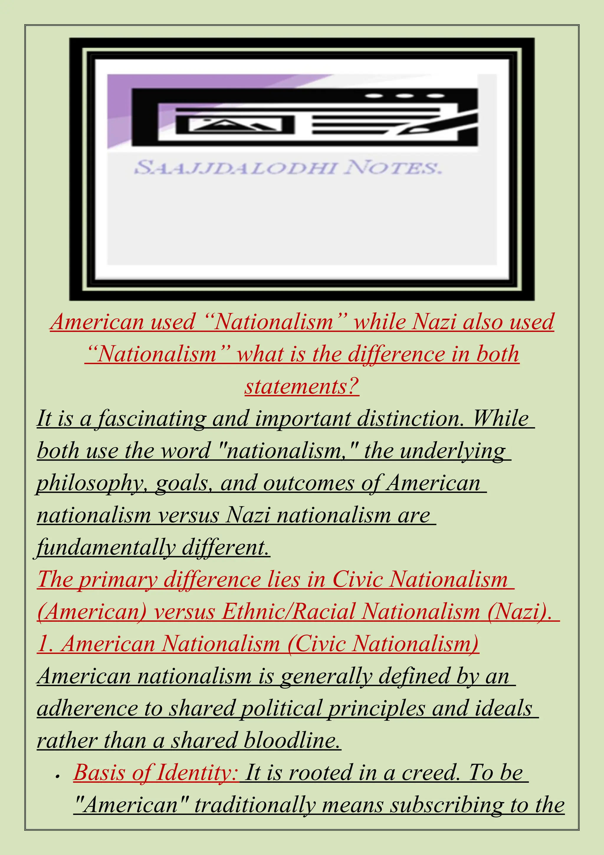 Ms.SaajjdaLodhi Notes"difference B/W Amerrican's Nationalism and Nazi's ...