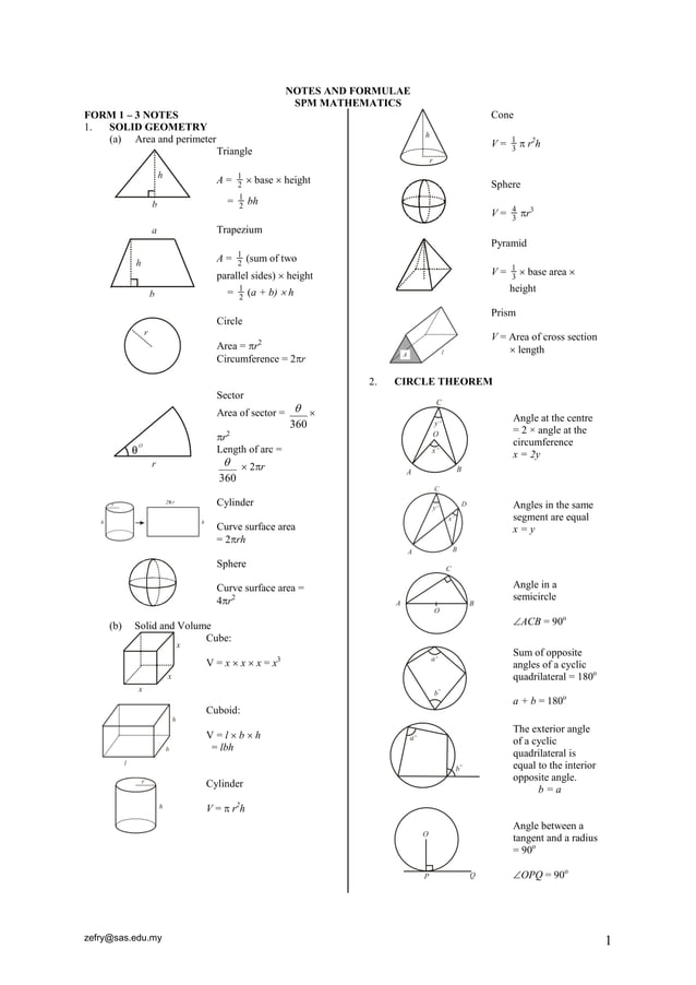 Notes and Formulae Mathematics SPM | PDF