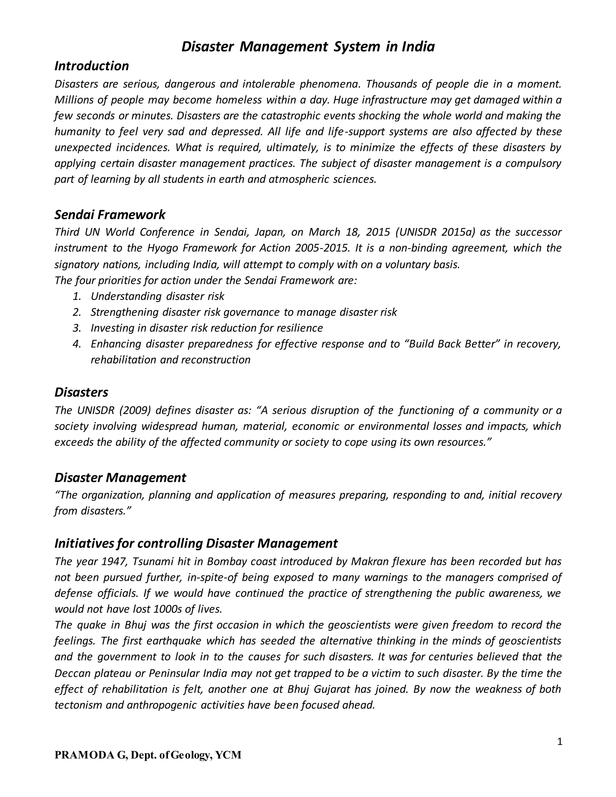 Disaster Management System in India - Notes | DOCX