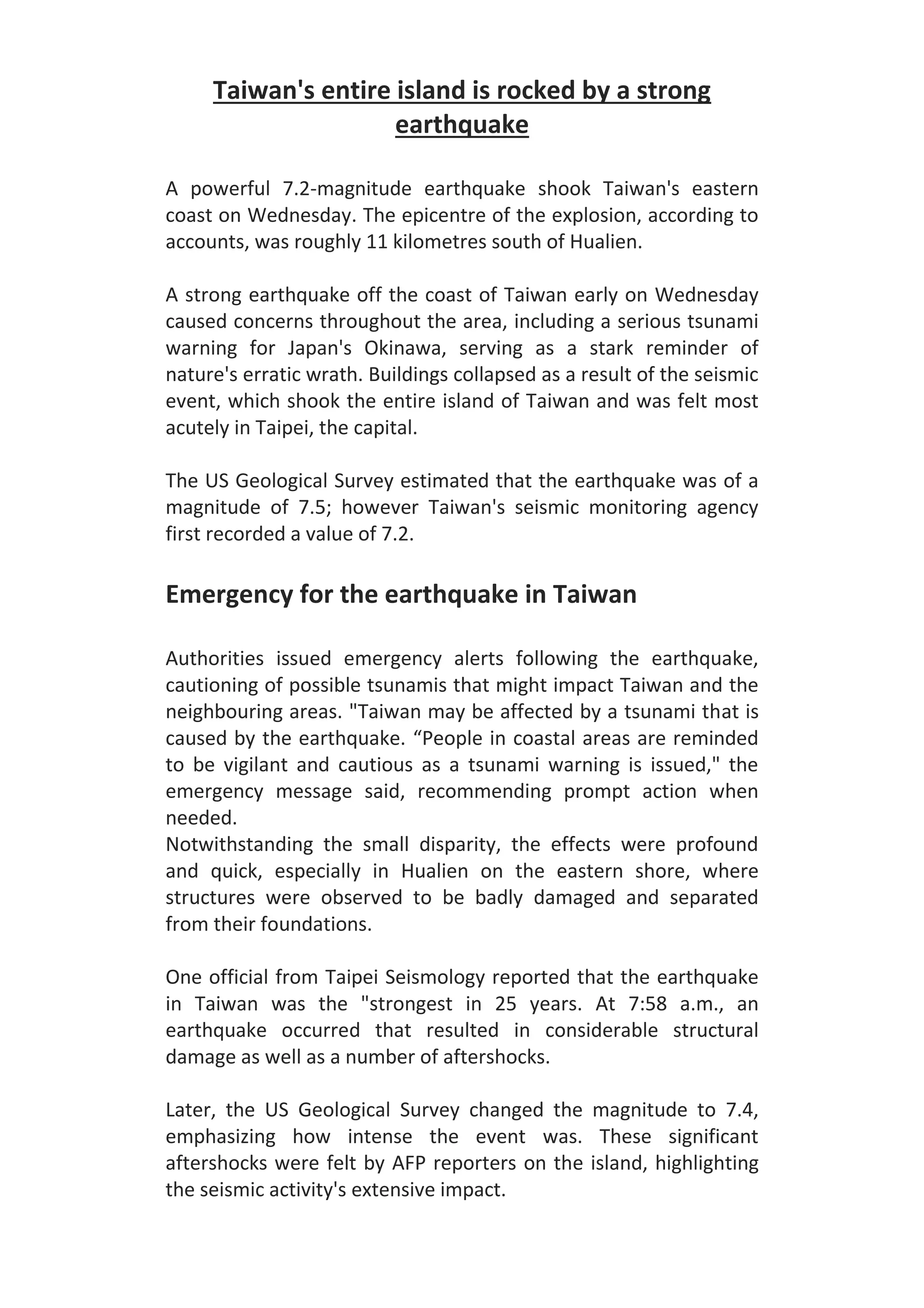 Taiwan Hit by a Really Strong Earthquack | DOCX