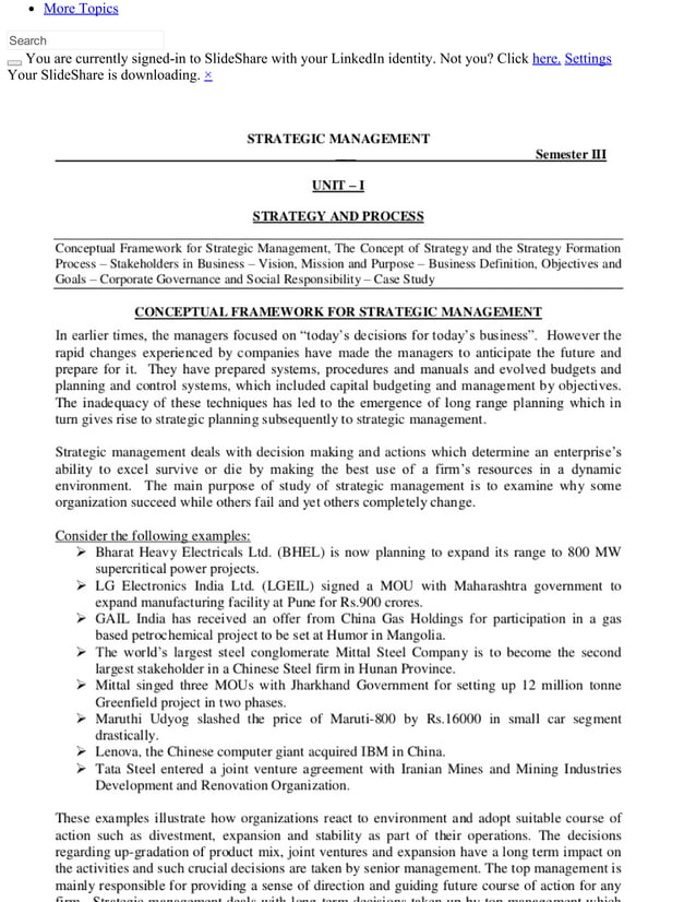 Notes for mba (strategic management) unit i | PDF | Business | Business ...