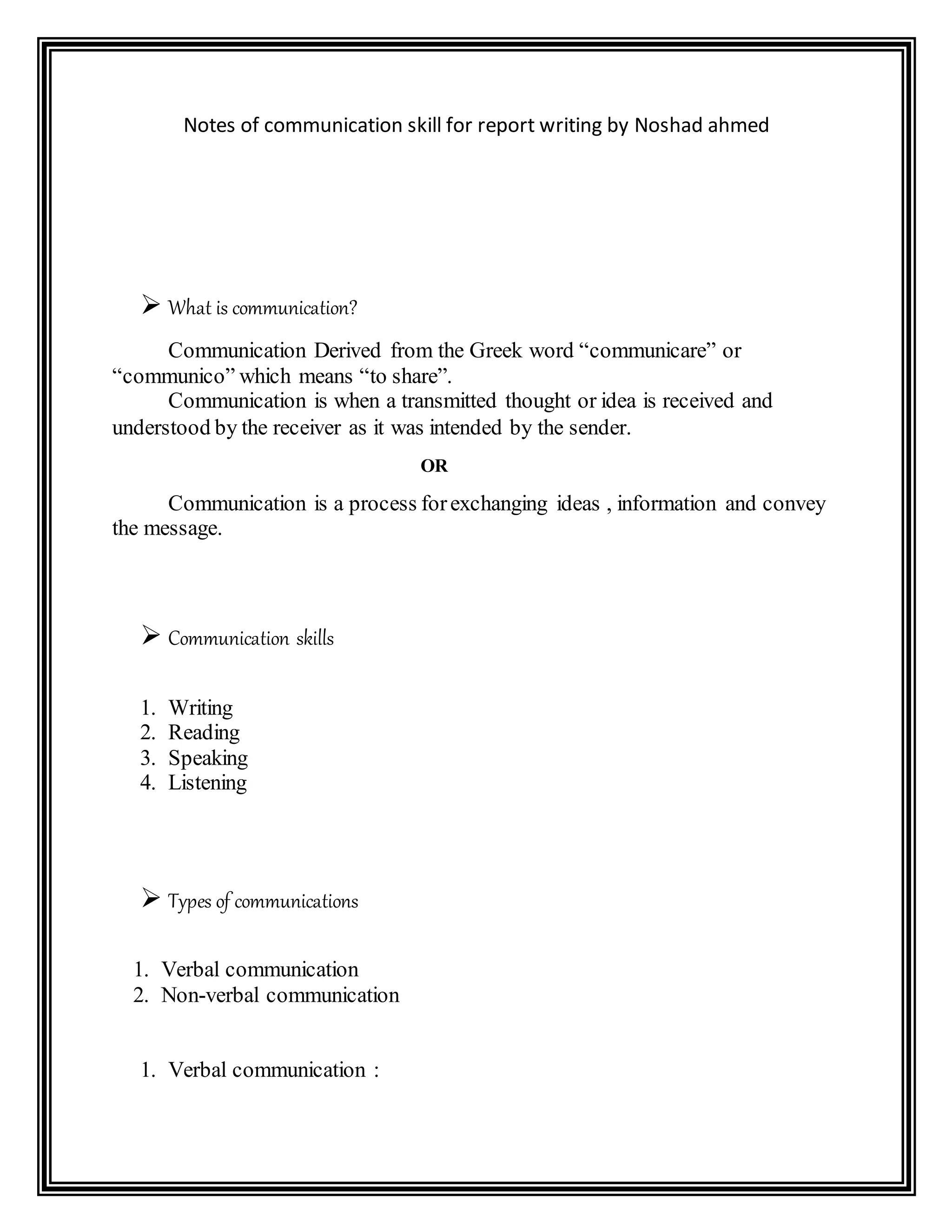 Notes of communication skills and report writting noshad ahmed | DOCX