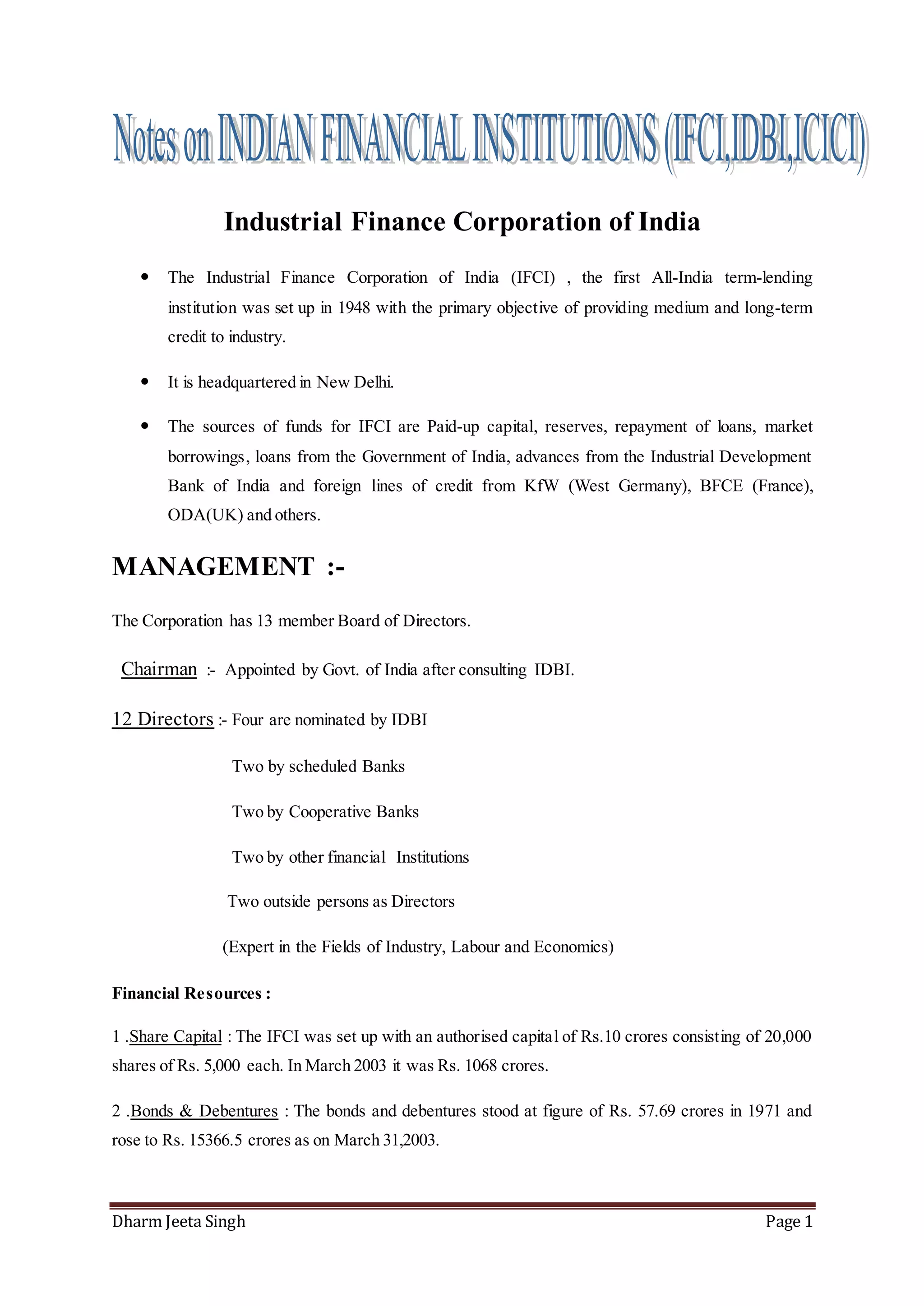 Notes of idbi, ifci, icici | DOCX