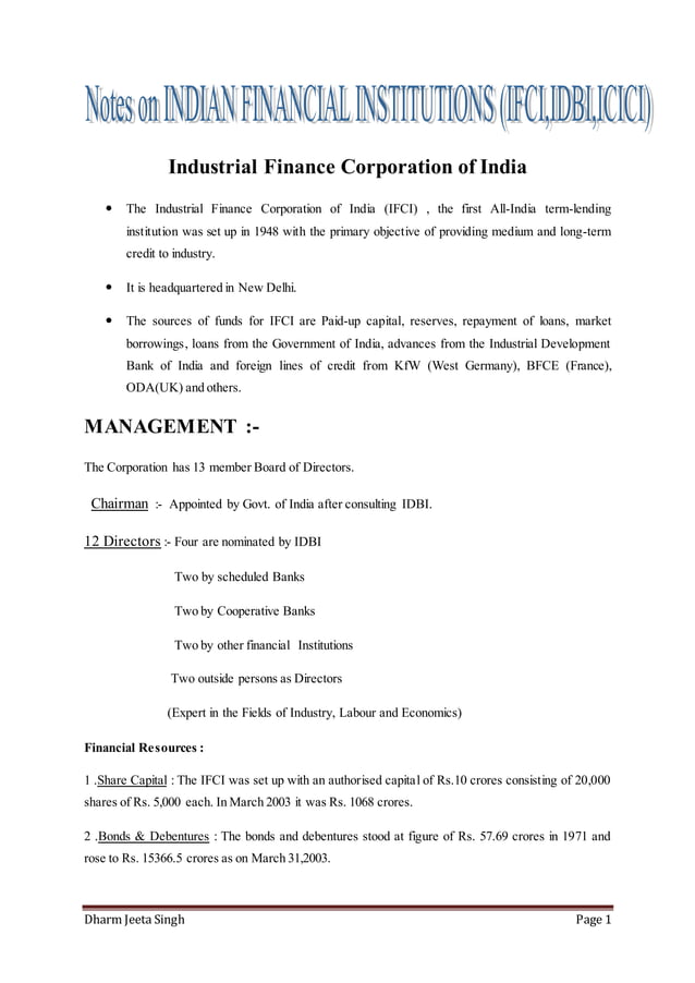 Notes of idbi, ifci, icici | DOCX | Business Banking & Finance | Business