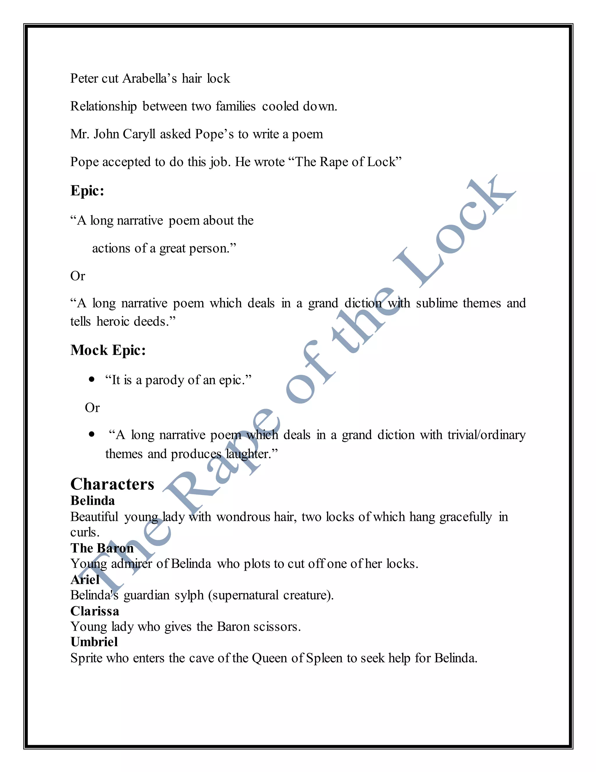 Notes of rape of the lock | DOCX