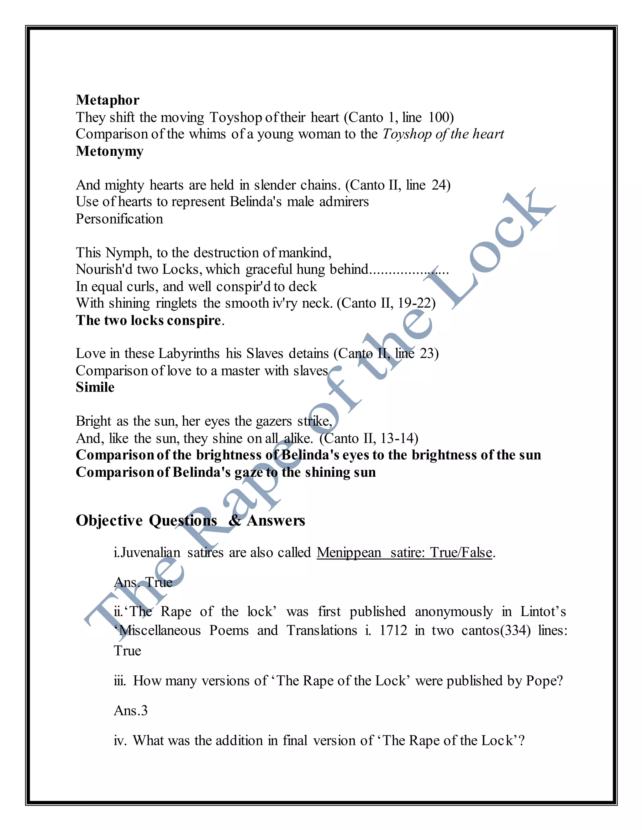 Notes of rape of the lock | DOCX