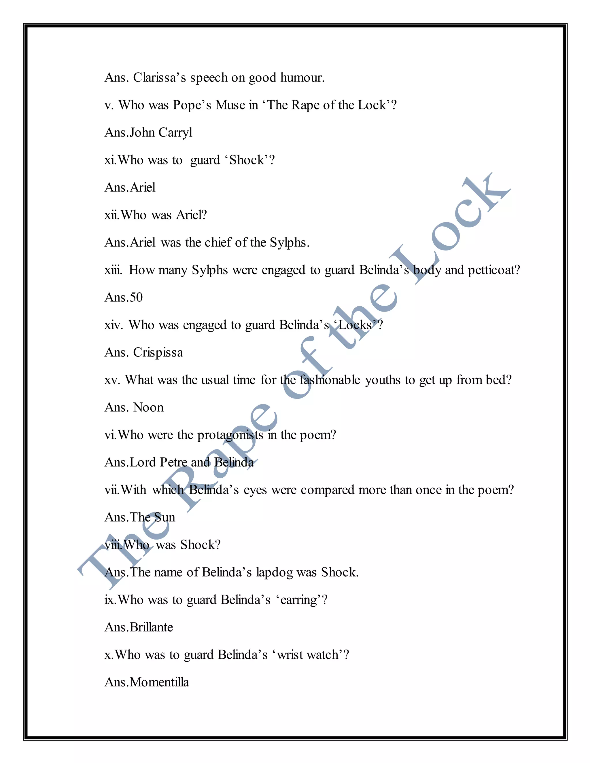 Notes of rape of the lock | DOCX