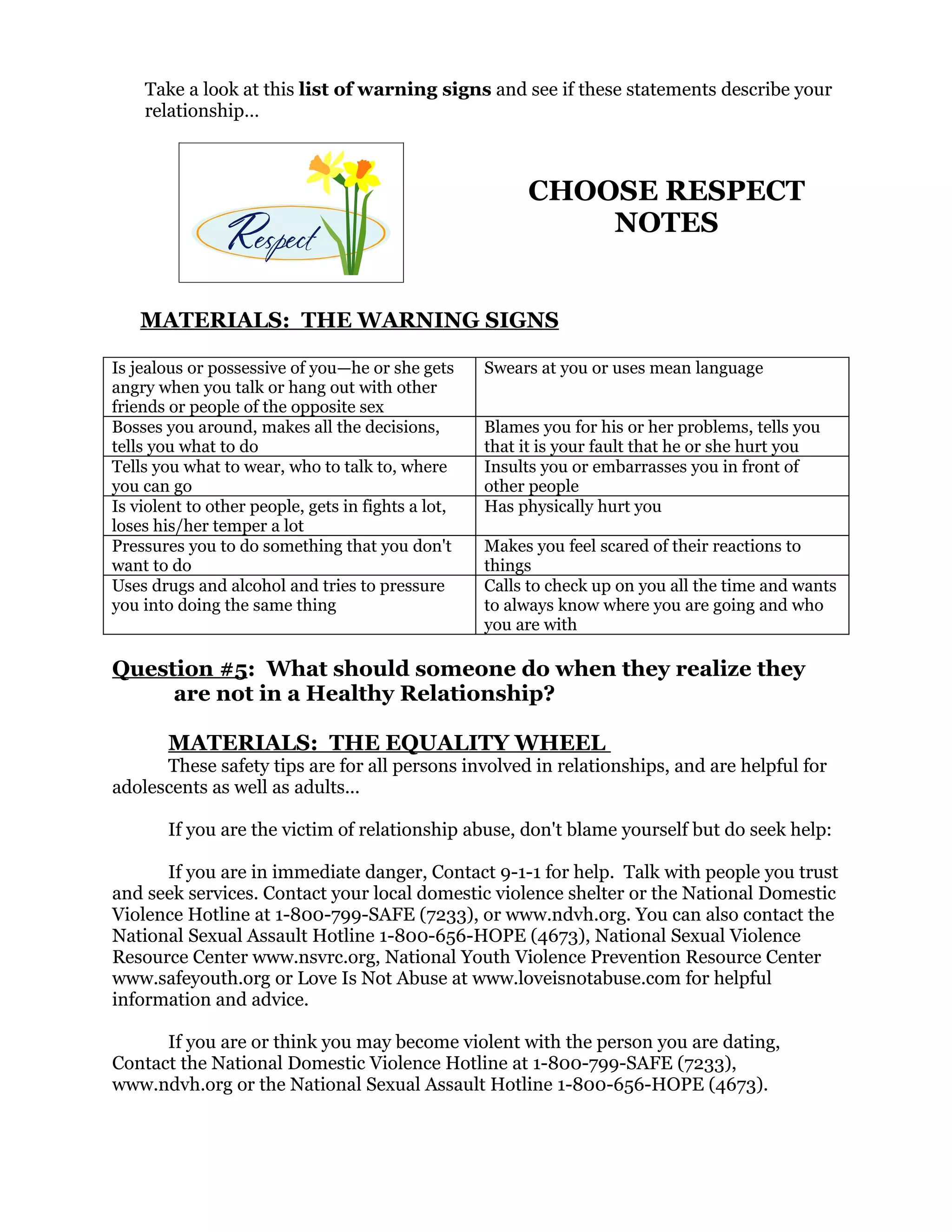 Notes On Choose Respect Materials | DOC