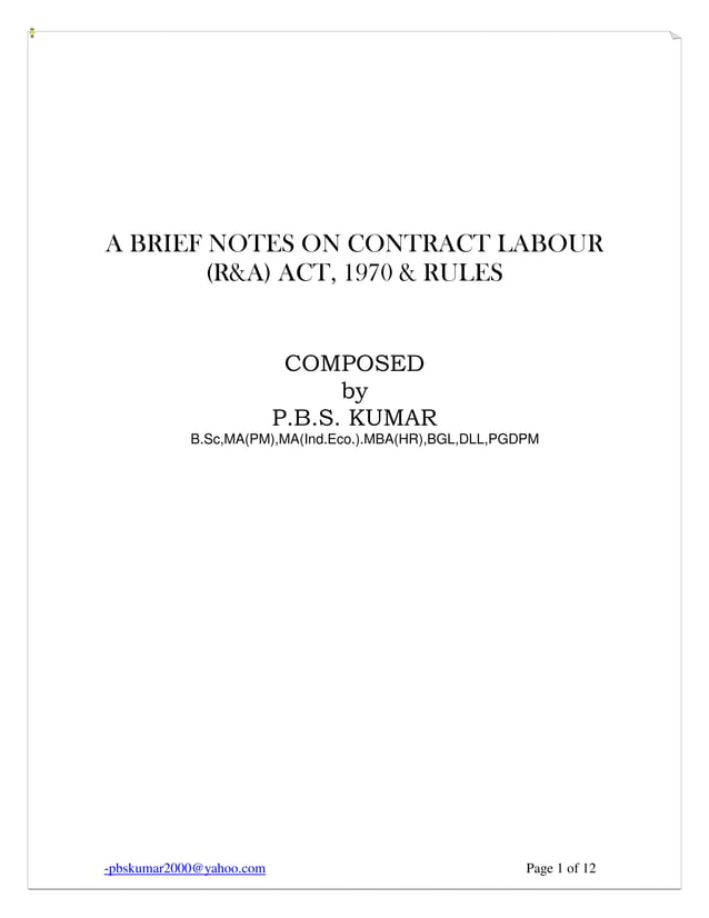 Notes on contract labour act | PDF