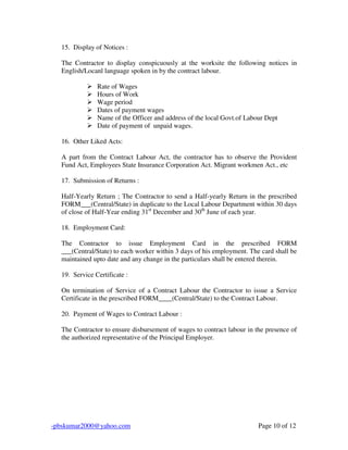 Notes on contract labour act | PDF