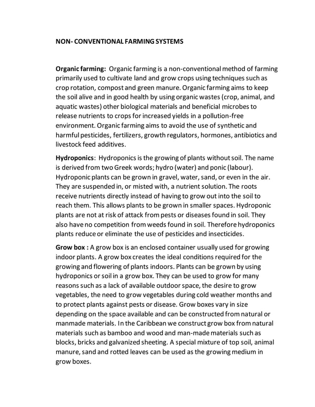 Method of non conventional farming systems | DOCX | Agriculture | Industries