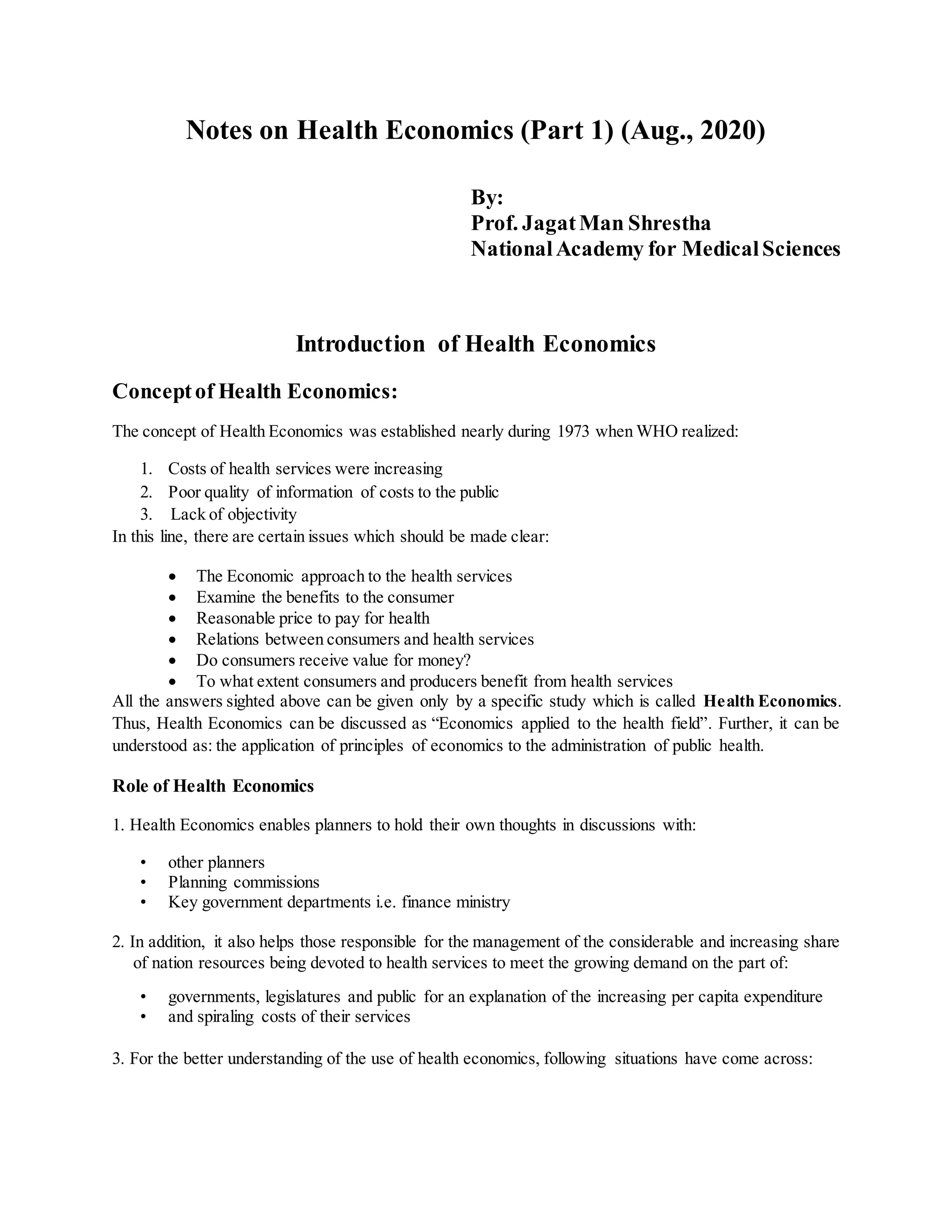 Unit 1 - Concept of Health Economics (306.5 - HEHF) Part 1 | DOCX
