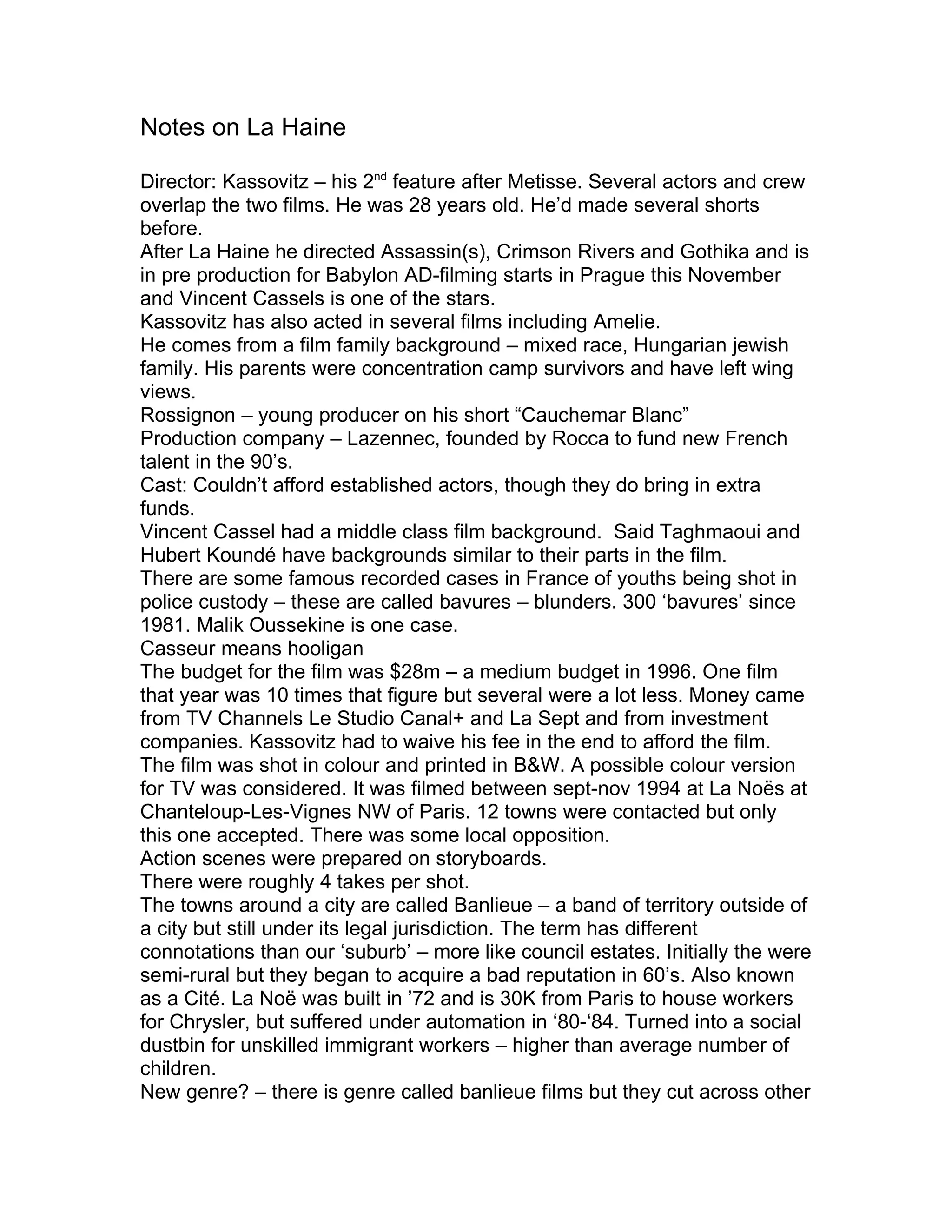 Notes on la haine | DOC