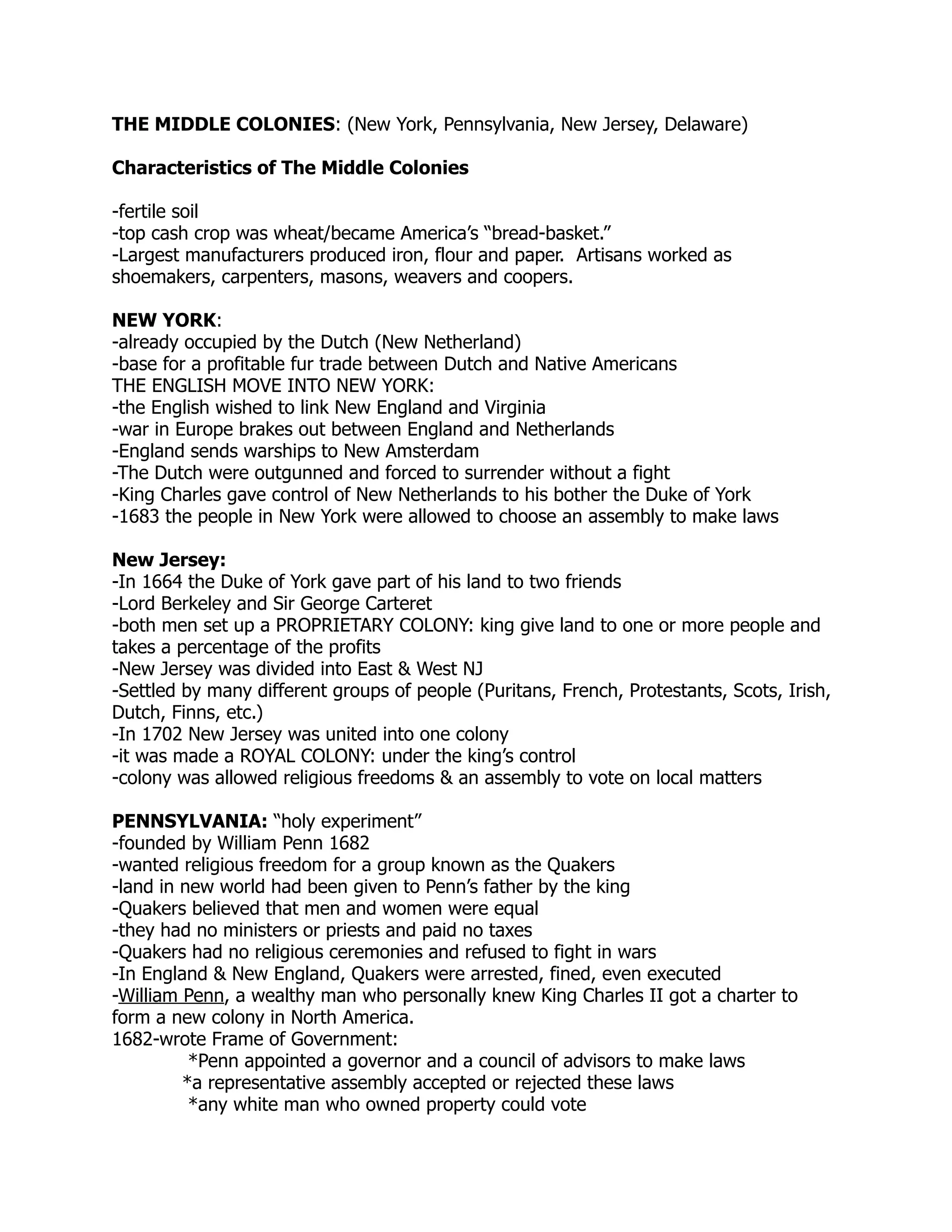 Notes on the colonies take root the middle & southern colonies | PDF