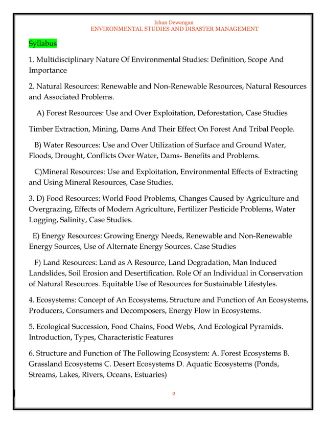 Environmental studies and disaster management notes AFOR5221 | PDF