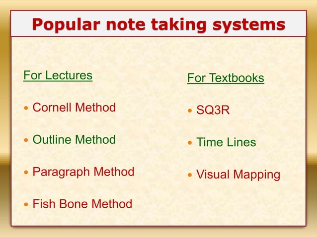 Note Taking and Study Techniques | PPTX | Educational Assessment | Education