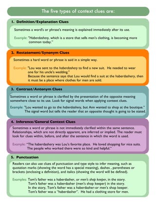 Note types of context clue (restatement, definition, synonyms, antonyms ...