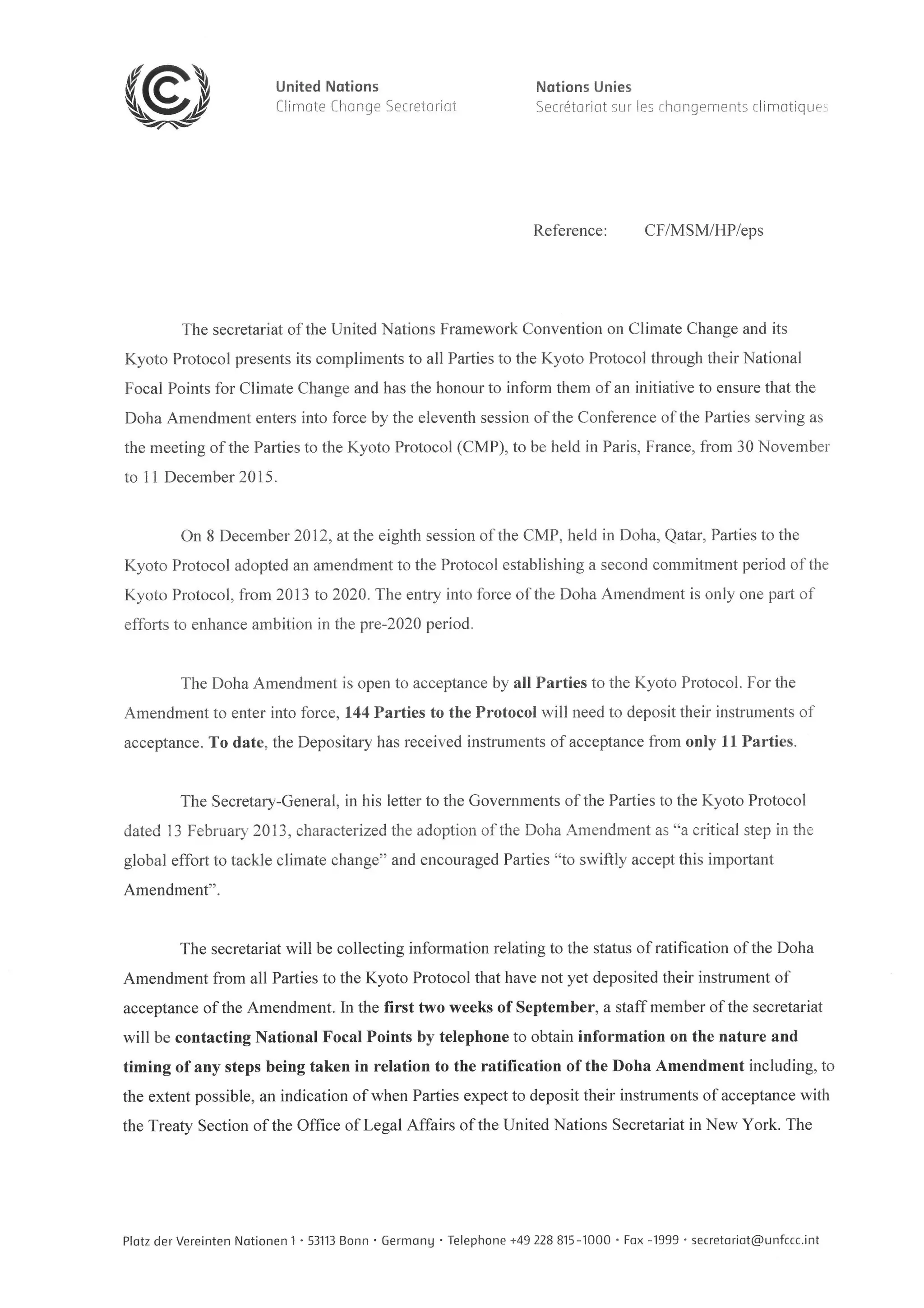 UNFCCC-Note Verbale to Kyoto Protocol parties Doha Amendments | PDF