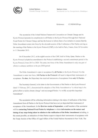 UNFCCC-Note Verbale to Kyoto Protocol parties Doha Amendments | PDF