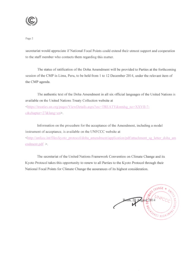 UNFCCC-Note Verbale to Kyoto Protocol parties Doha Amendments | PDF