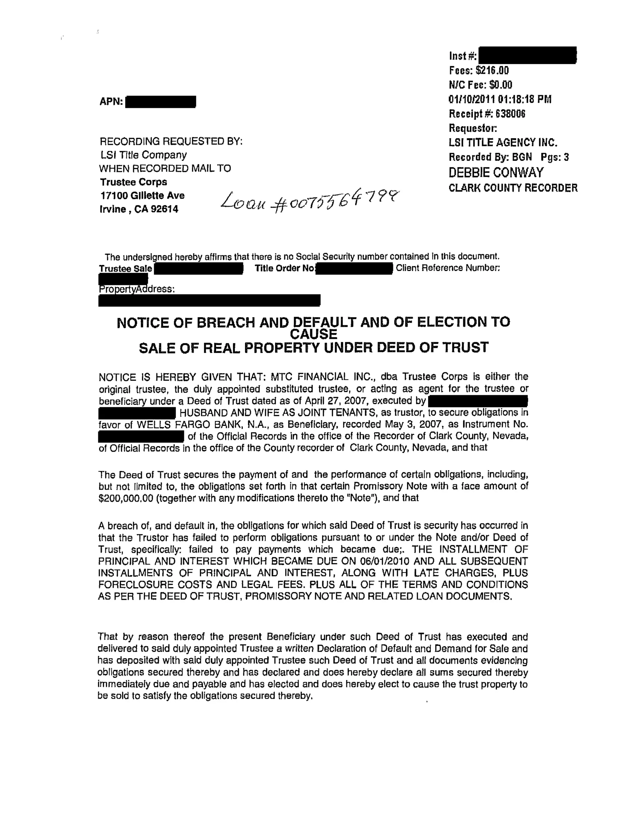 Notice of Breach Default- Sale of Real Property Under Deed of Trust | PDF