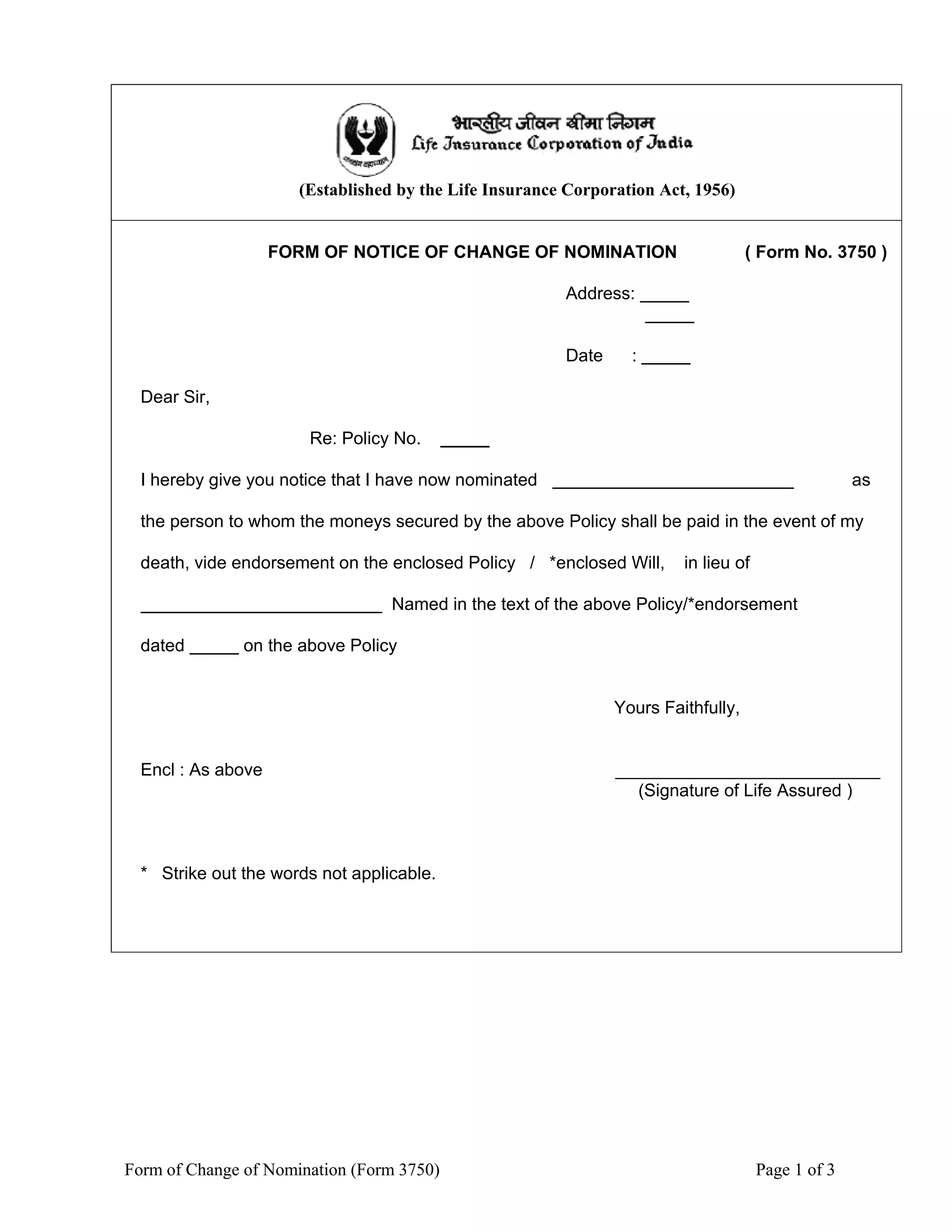 Notice of change of nomination form 3750 | PDF