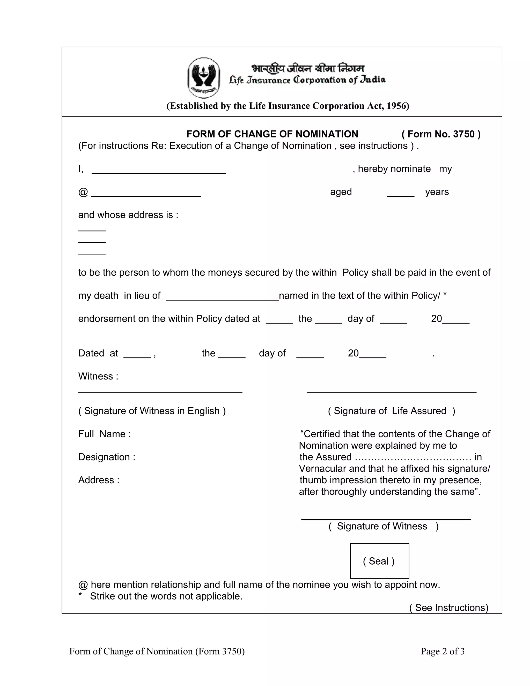 Notice of change of nomination form 3750 | PDF