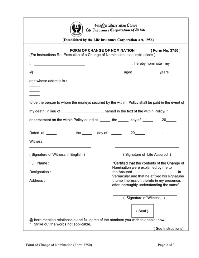 Notice of change of nomination form 3750 | PDF | Life Insurance | Insurance