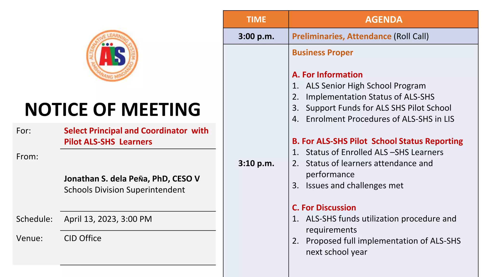 NOTICE OF MEETING April 13, division als cid.pptx | Educational ...